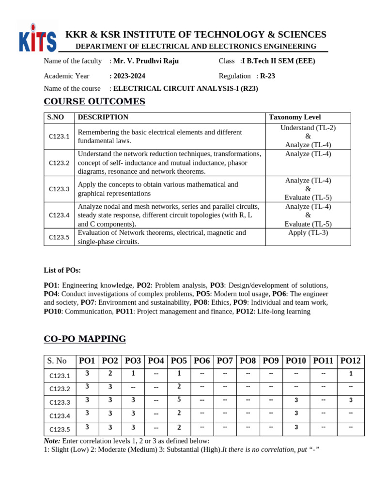 Co-PO mapping sheet 2023-2024 ECA-I(R23) | PDF | Engineering | System