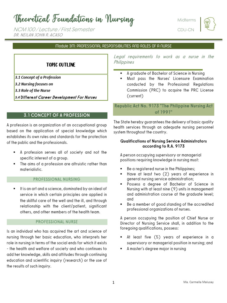 TFN - 3M Professional Responsibilities and Roles of A Nurse | PDF ...