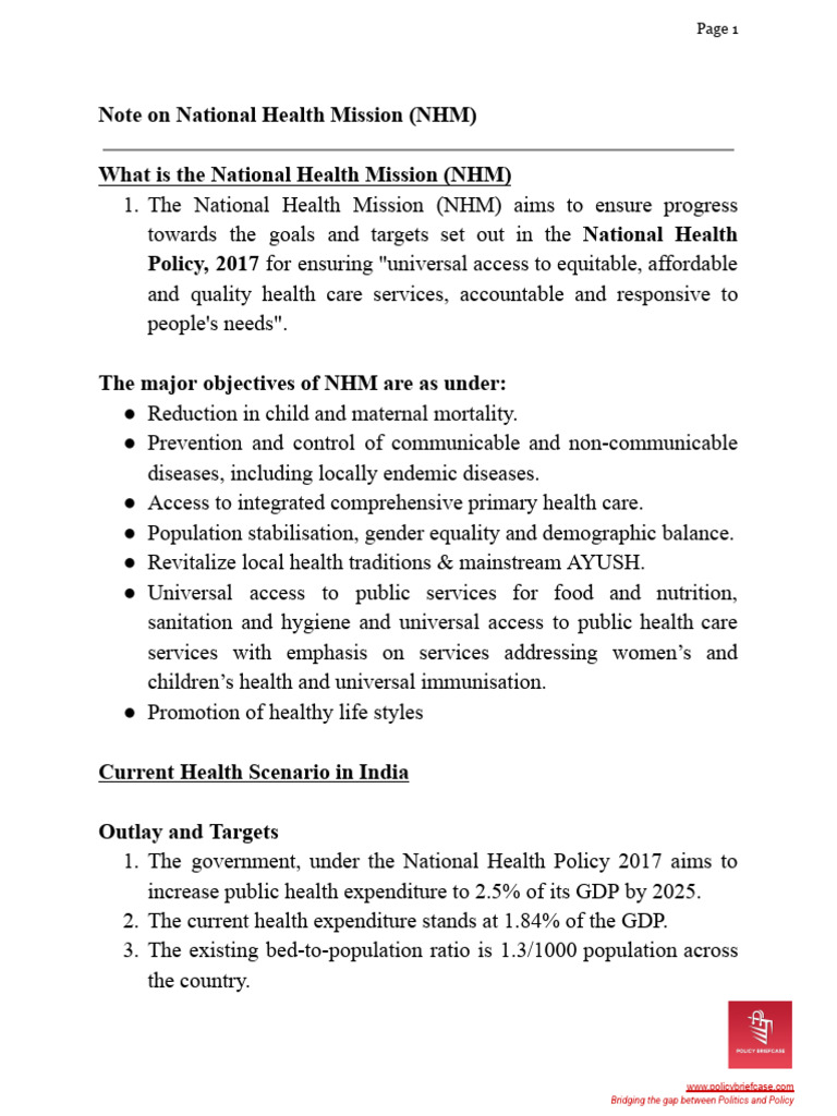 Note On National Health Mission (NHM) | PDF | Public Health | Tuberculosis