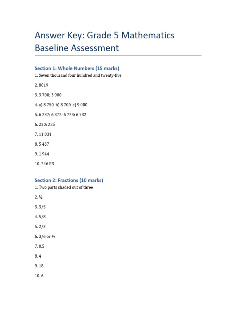 Grade5 Maths Baseline Answer Key | PDF
