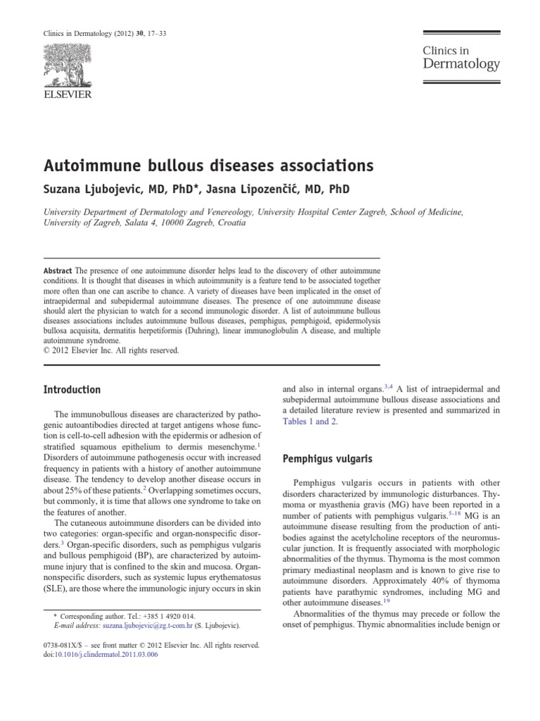 Autoimmune Bullous Diseases Associations: Suzana Ljubojevic, MD, PHD, Jasna Lipozen Čić, MD, PHD ...