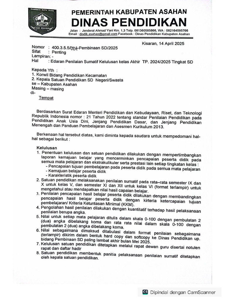 Surat Edaran Penilaian Kelas 6 | PDF