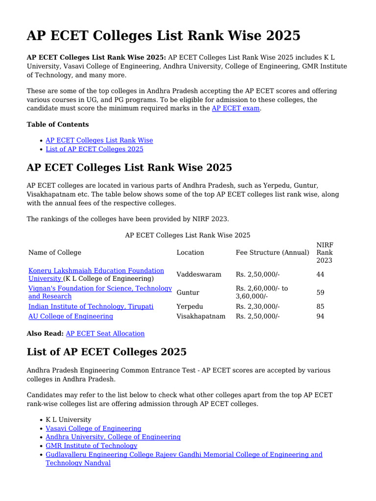 AP ECET 2025 Colleges Rank List | PDF
