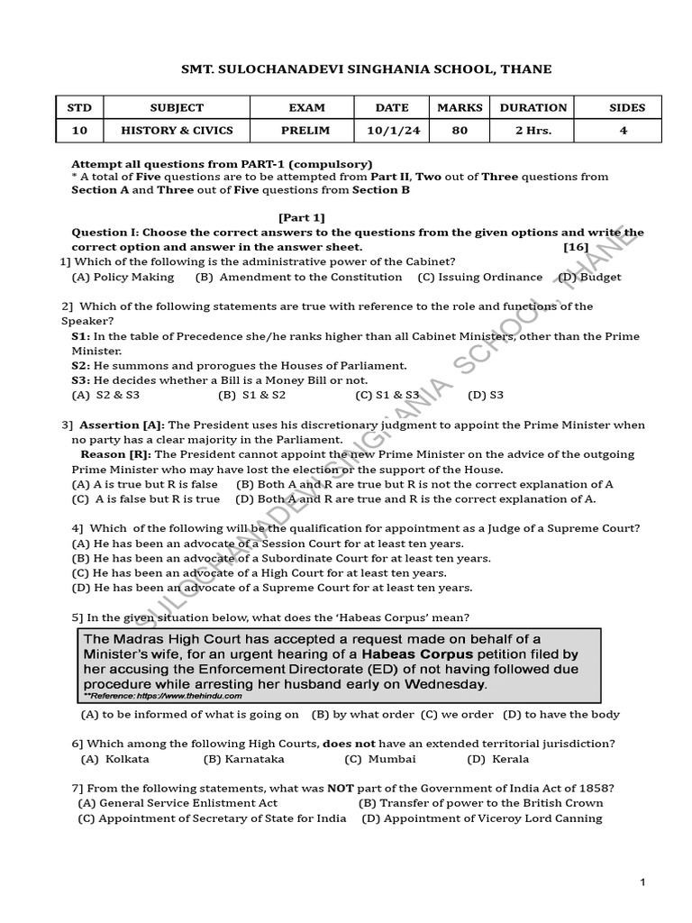 STD 10 History Prelim 10th Jan 24 | PDF | Government