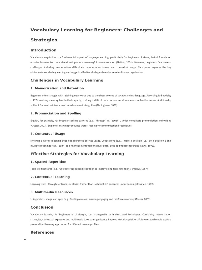 Vocabulary Learning For Beginners Challenges and Strategies | PDF ...