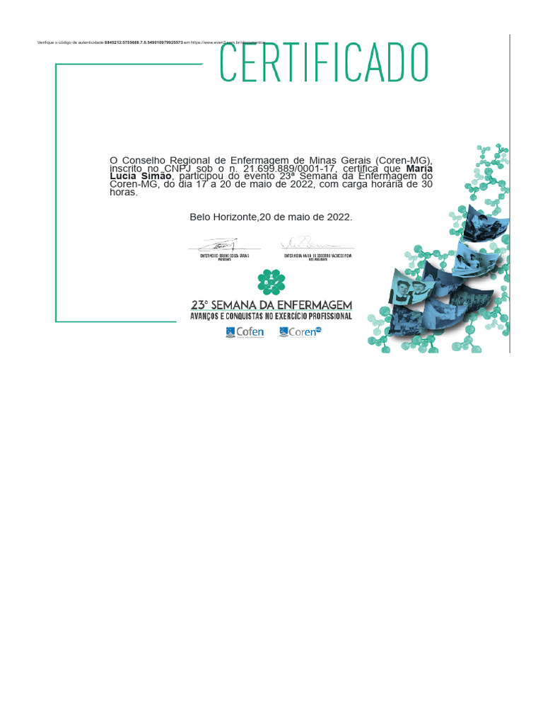 Certificado de Participação em Evento de Enfermagem | PDF | Enfermagem