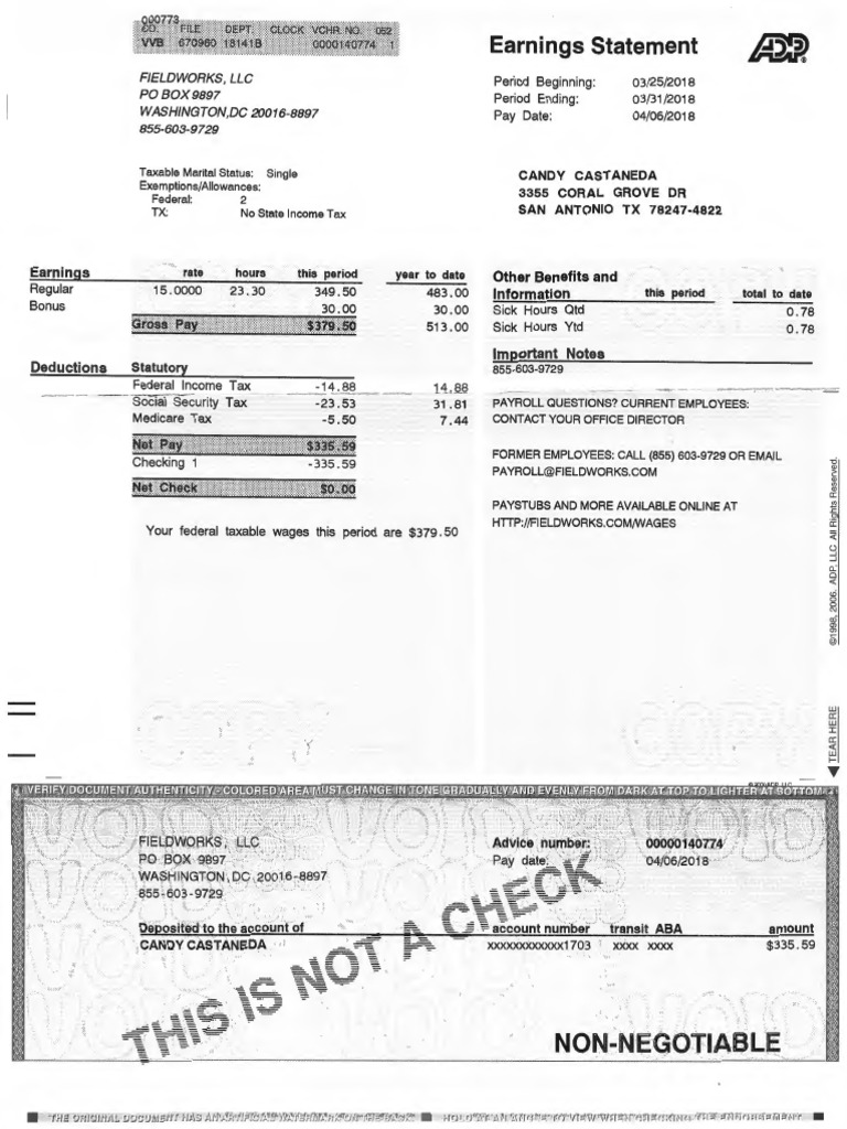Pay Stub&Employment Verification From Fieldworks | PDF