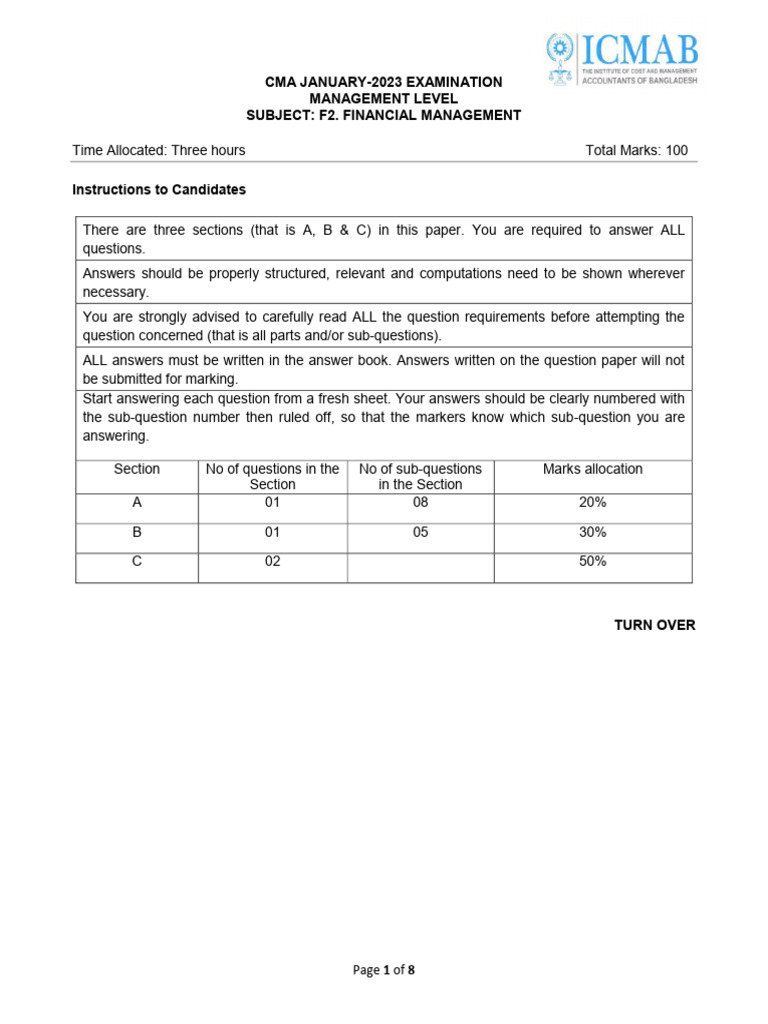 F2.FIM(ML) Question CMA January-2023 Exam. | PDF | Balance Sheet | Dividend