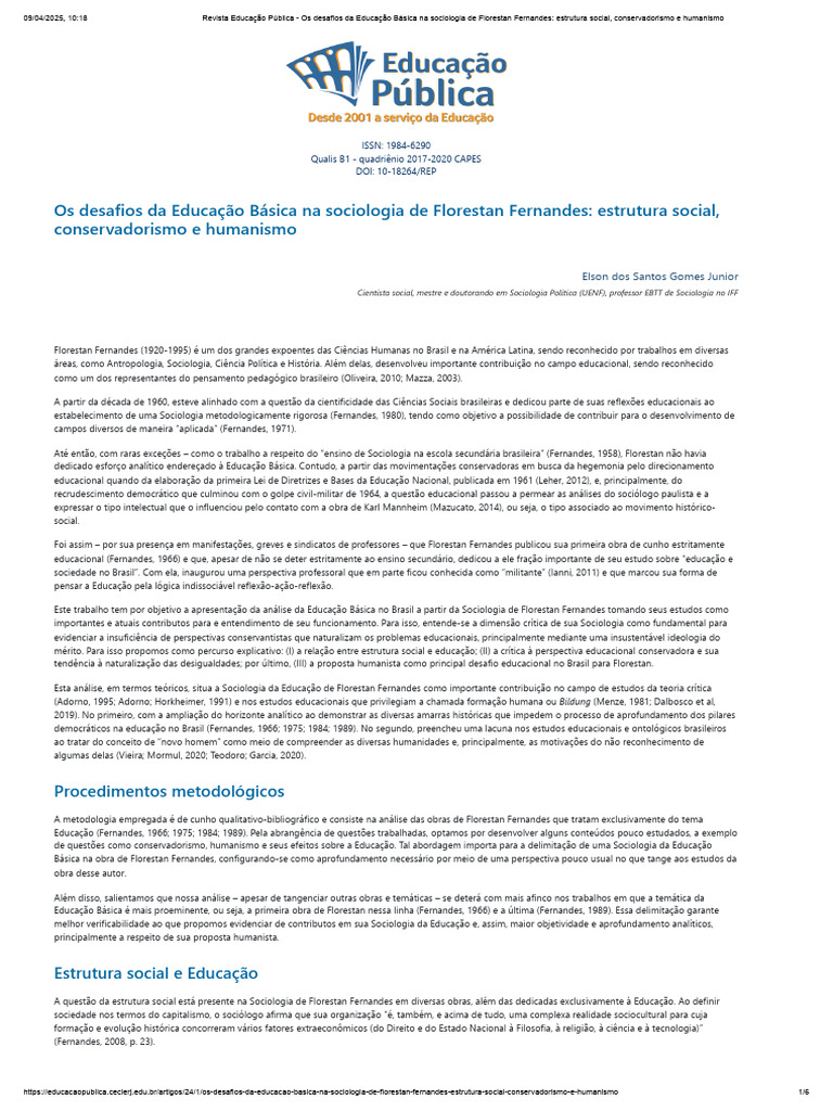 Desafios da Educação Básica e Florestan | PDF | Sociologia | Pedagogia