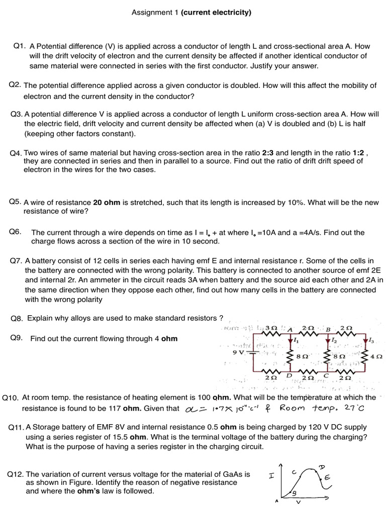 Assignment 1 (Current Electricity) | PDF | Electric Current | Electrical Resistivity And ...