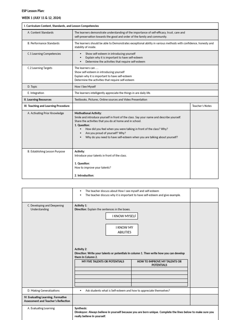 Quarter 1 Week 1 Lesson Plan in ESP 3 | PDF | Learning | Self Esteem