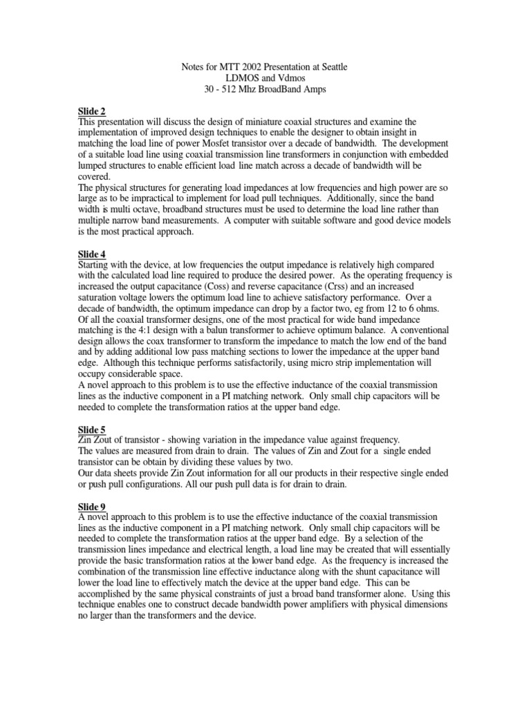 Polyfet Mtts2002notes | PDF | Coaxial Cable | Transformer