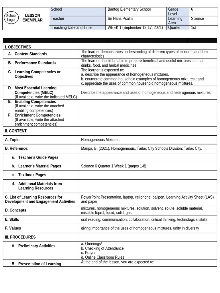 Science 6 Q1 Week 1 Lesson Exemplar | PDF | Applied And ...