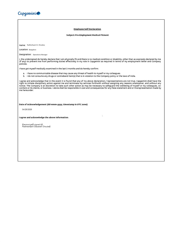 CG - JMS - Employee Self Declaration Form | PDF