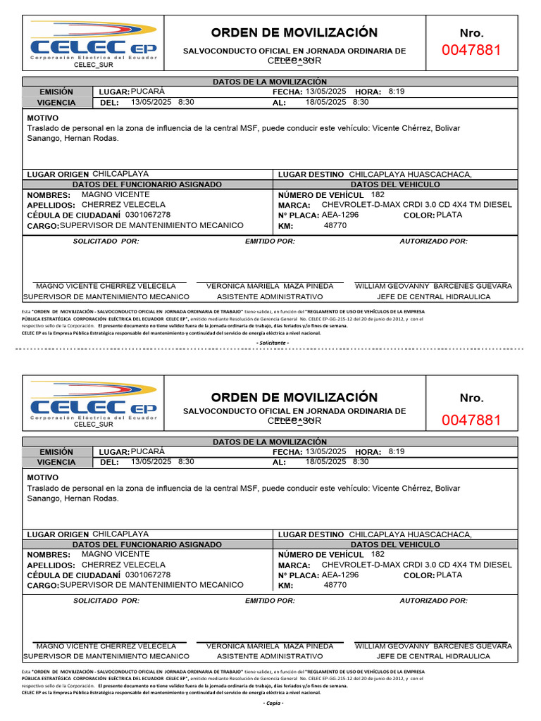 Orden de Movilización: Celec - Sur | PDF