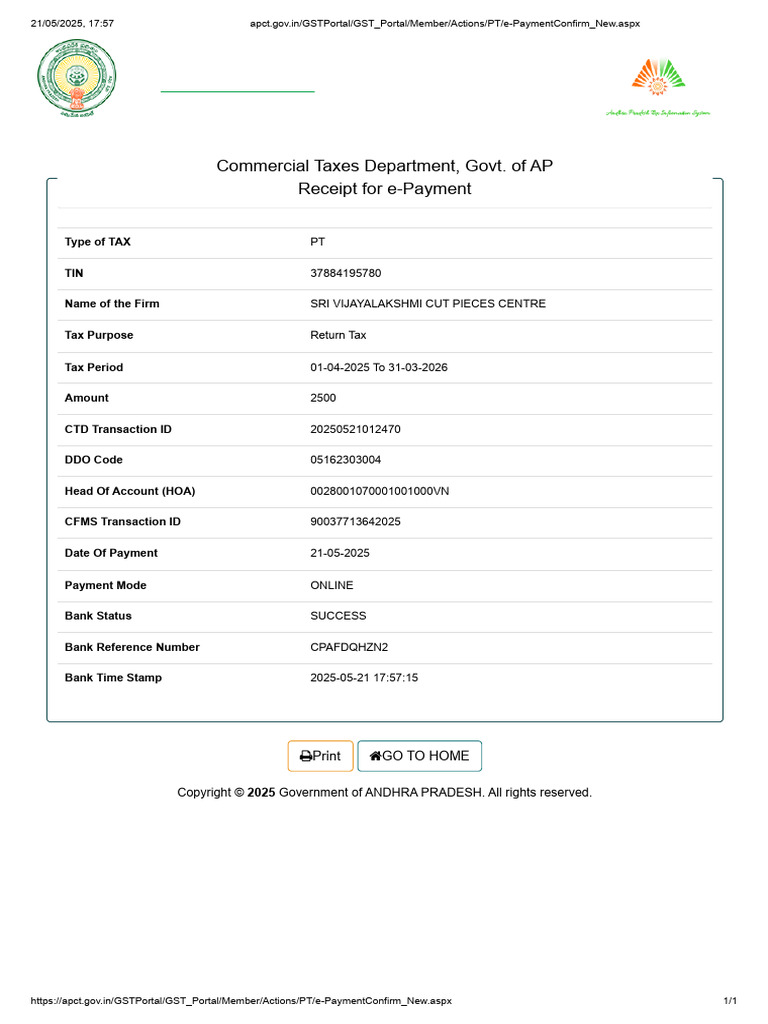 Commercial Taxes Department, Govt. of AP Receipt For E-Payment | PDF