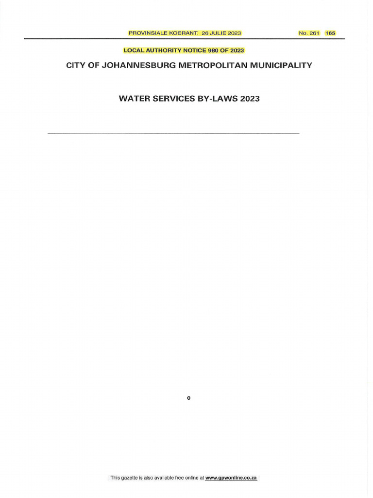 City of Johannesburg Water Services Bylaws - 2023 Gazette | PDF