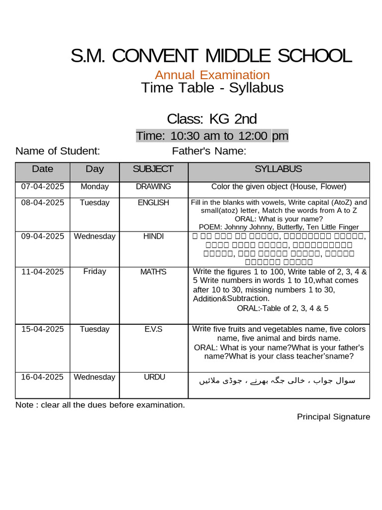 KG2nd Exam Time Table | PDF