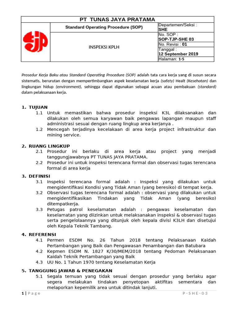 SOP-TJP-SHE 03. Inspeksi KPLH | PDF