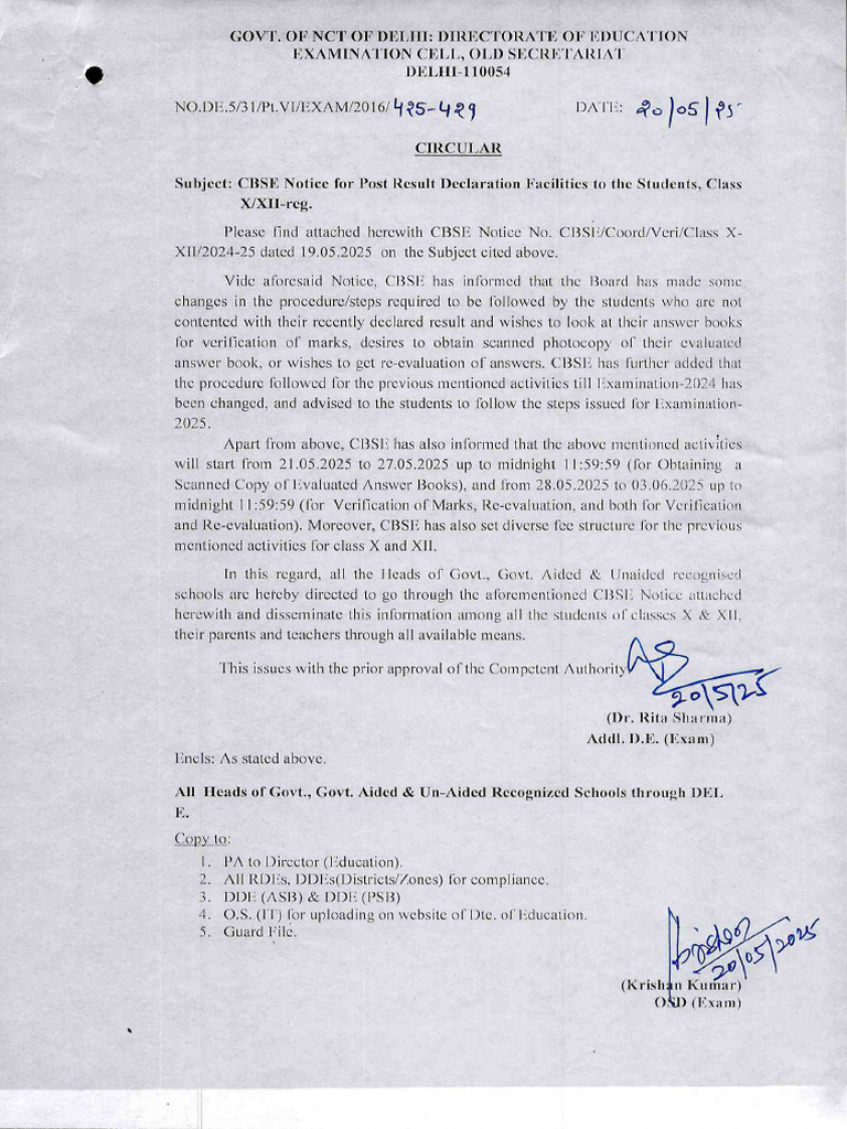 CBSE Notice For Post Result Declaration Facilities To The Students ...