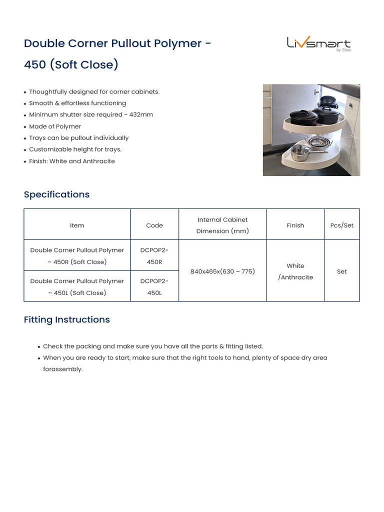 Double Corner Pullout Polymer - 450 (Soft Close) | PDF