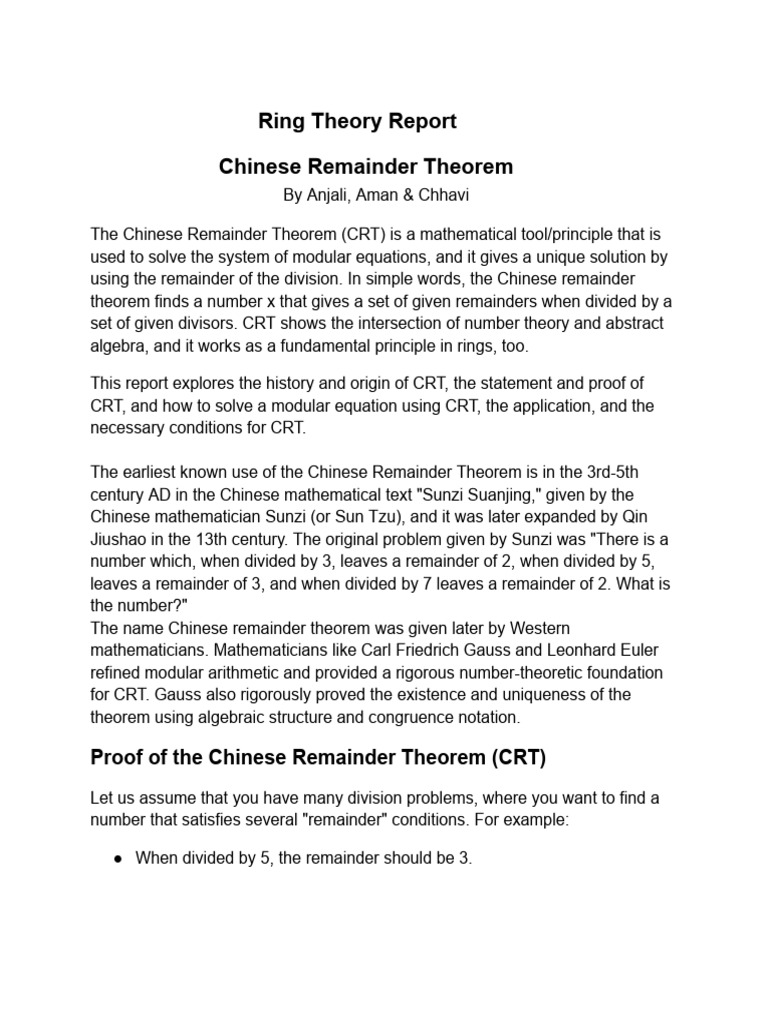 Chinese Remainder Theorem Report | PDF | Mathematics | Number Theory