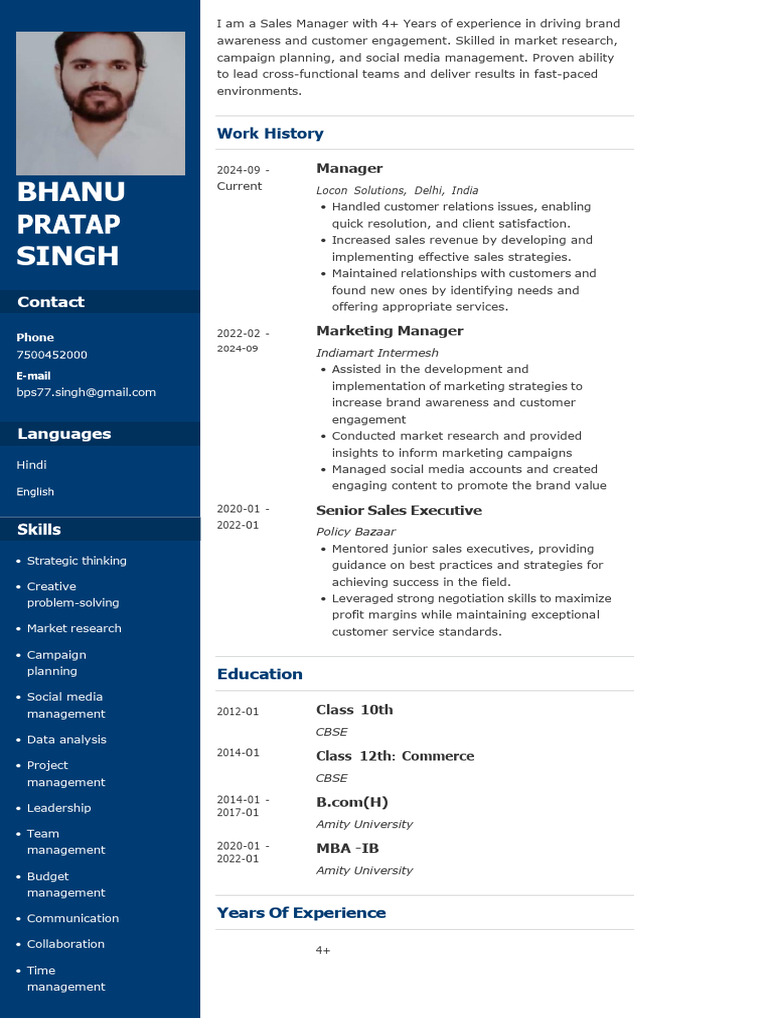 BHANU PRATAPSINGH Resume 7 Cropped | PDF | Sales | Marketing