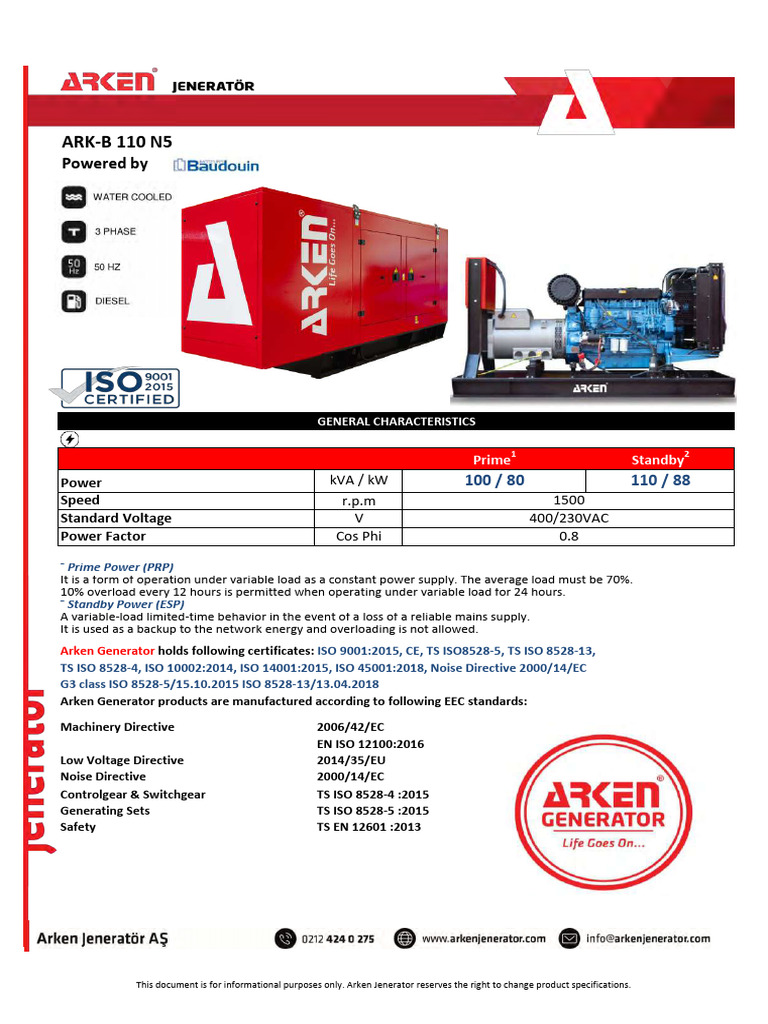 Arken Generator Specifications Overview | PDF | Electric Power | Machines