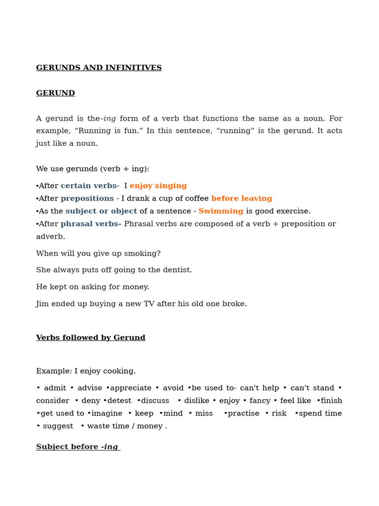 Gerund Infinitives Grammar | PDF | Verb | Subject (Grammar)