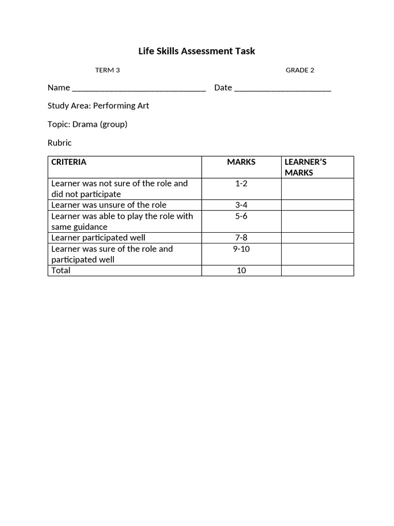 Life Skills Assessment Task Grade 2M | PDF