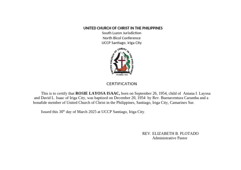 UCCP Baptism Certification for Rosie Isaac | PDF