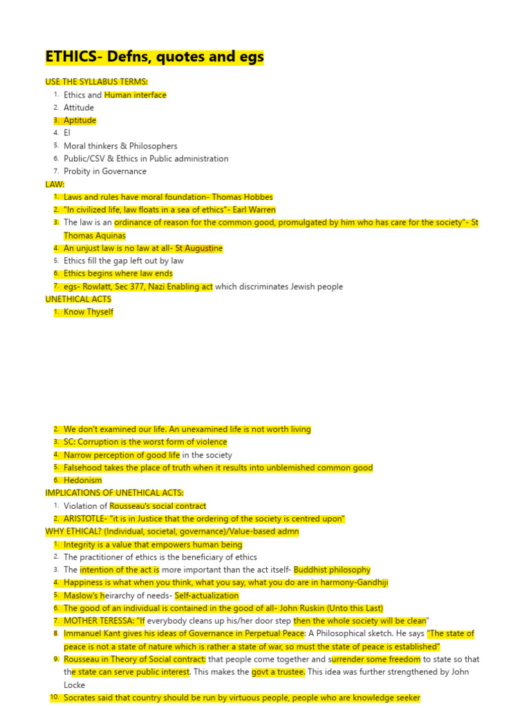 ETHICS - Defns, Quotes and Egs | PDF | Reason | Integrity
