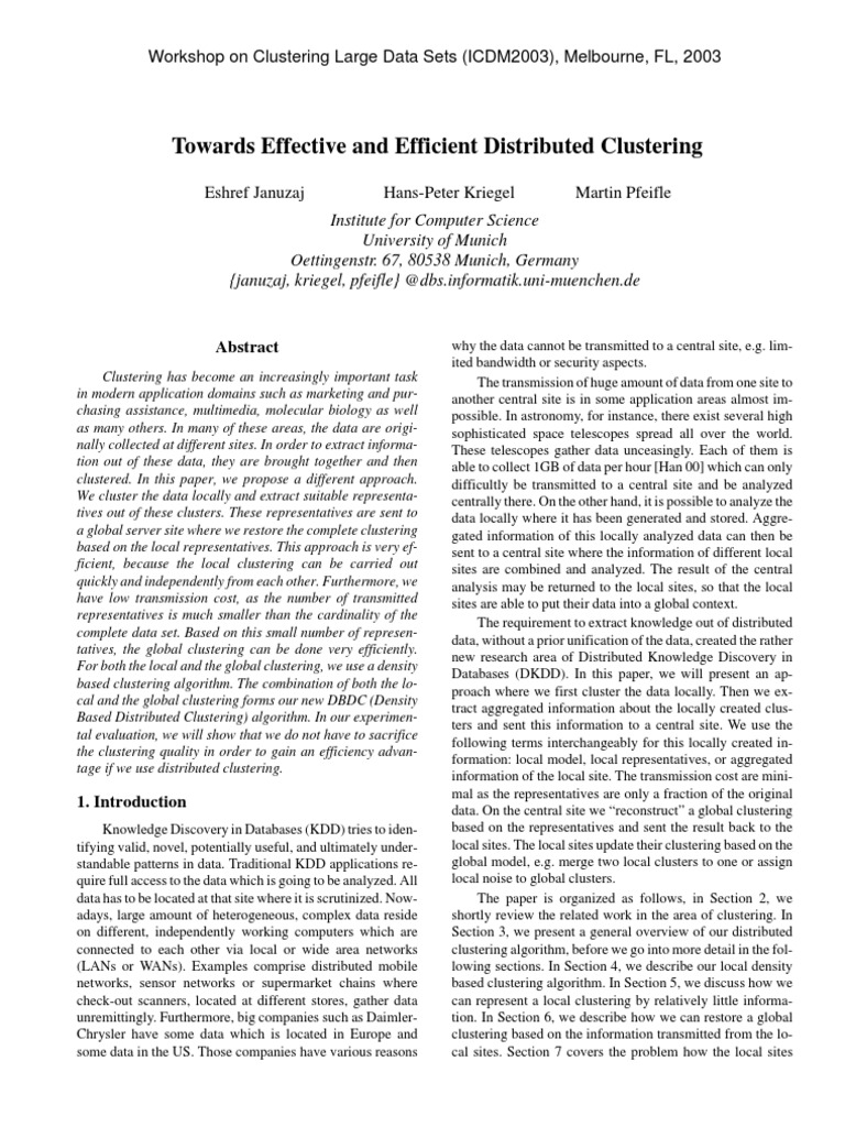 Towards Effective And Efficient Distributed Clustering Density Based Clustering Of Large
