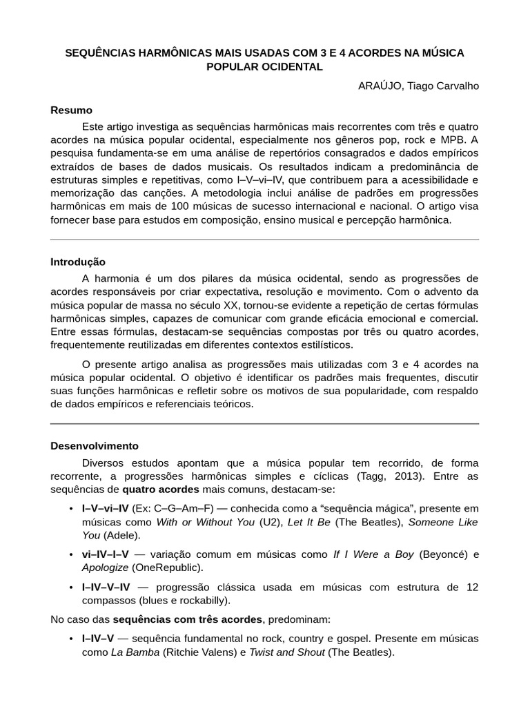Sequências Harmônicas Mais Usadas Com 3 e 4 Acordes Na Música Popular Ocidental | PDF | Acorde ...