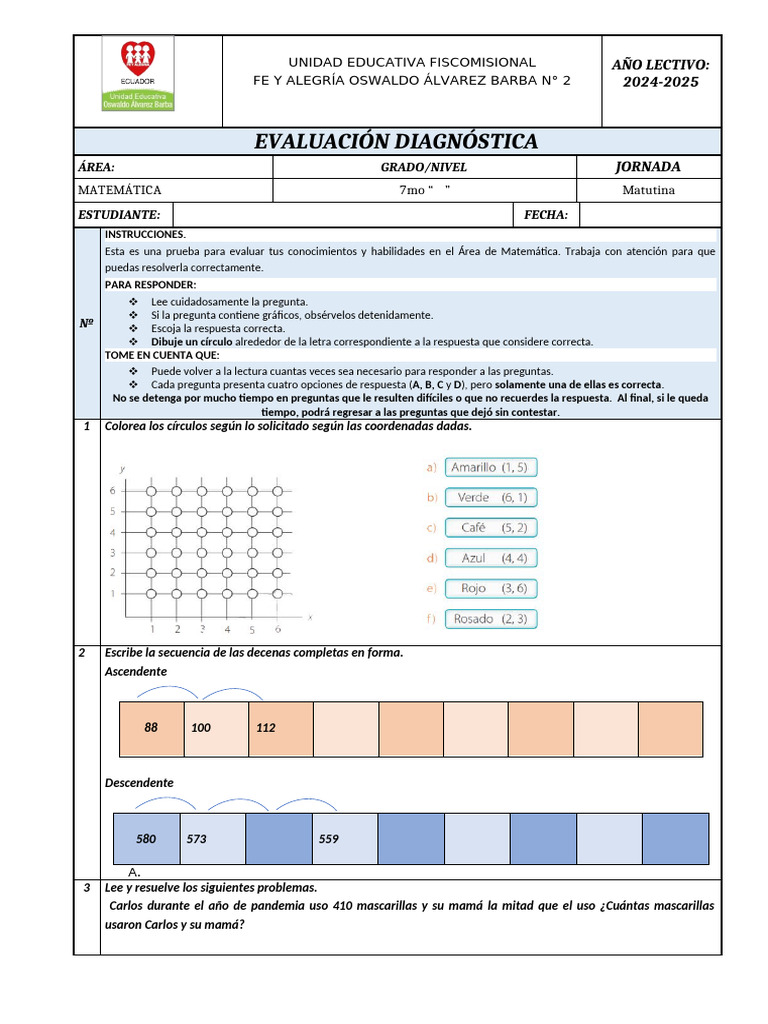 Evaluacion 7mo Matematicas - DIAGNOSTICO | PDF | Matemáticas