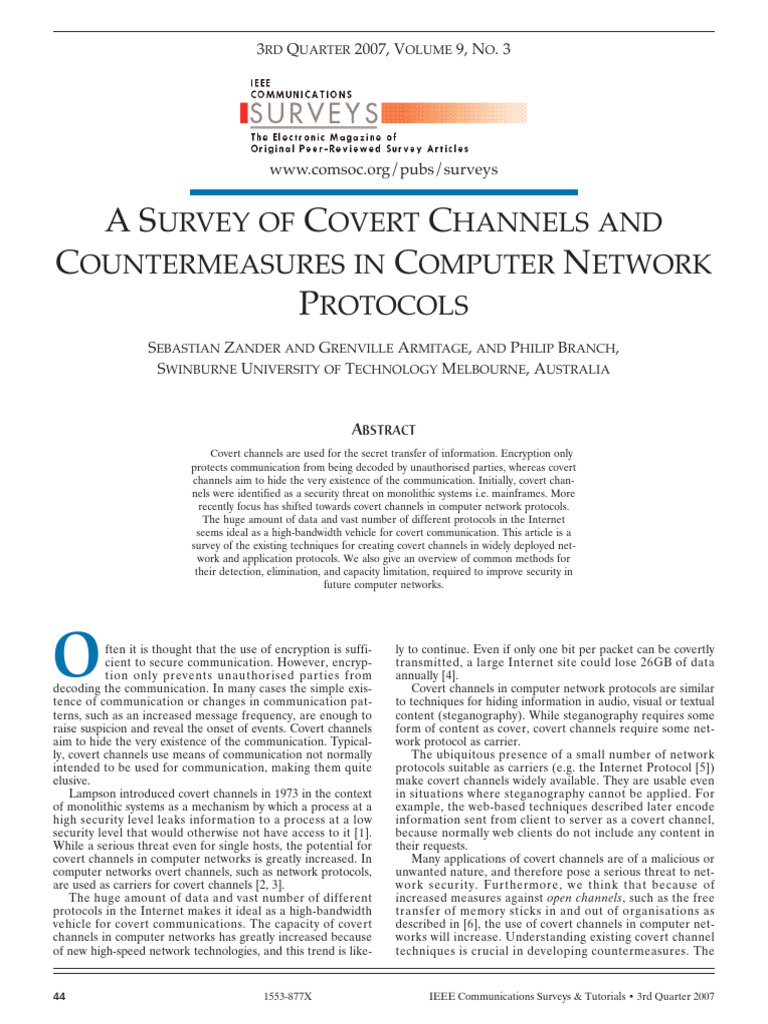 A Survey of Covert Channels and Countermeasures in Computer Network Protocols | PDF ...