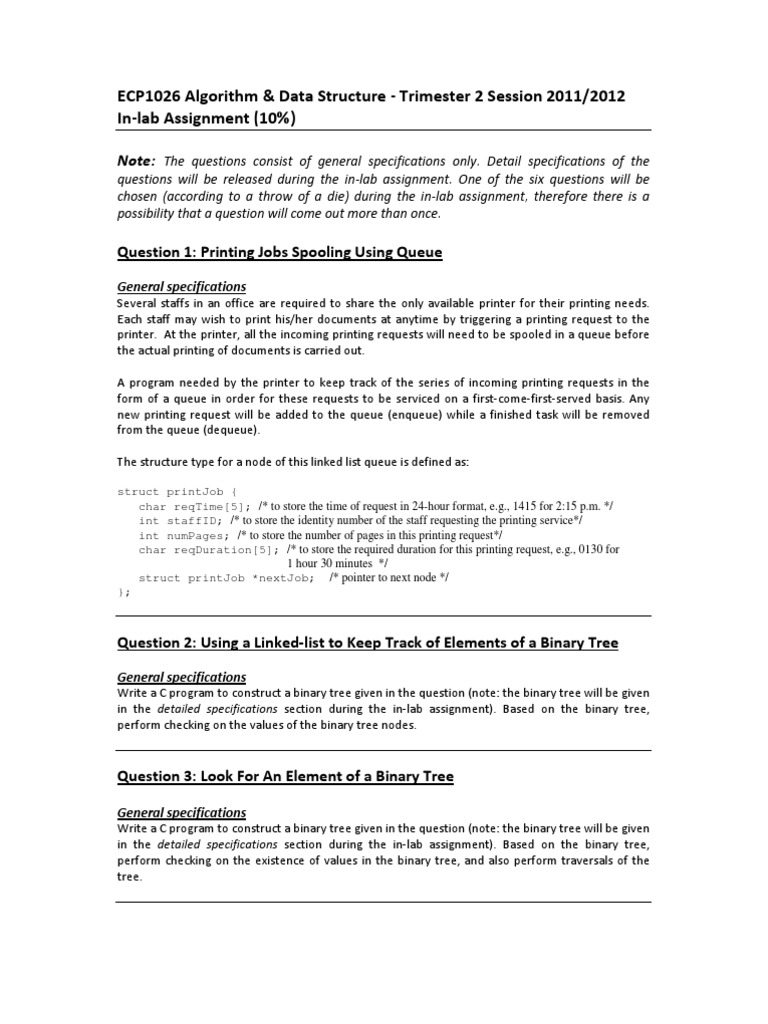 In Lab Assignment 2011 Pdf Queue Abstract Data Type String Computer Science