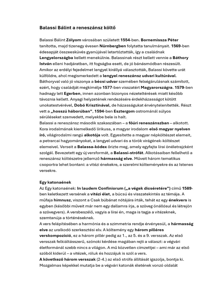 Balassi Bálint A Reneszánsz Költő | PDF