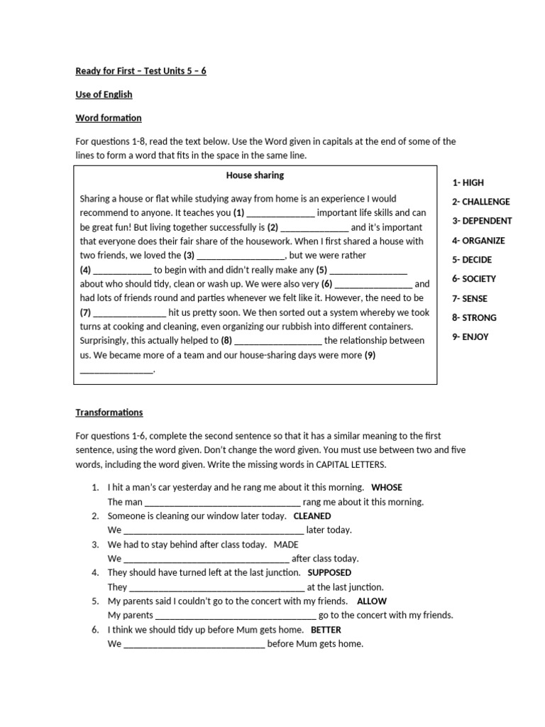 English Test Units 5-6: Word Formation | PDF