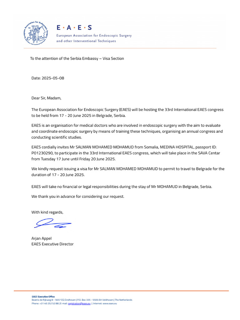 EAES Congress 2025 Visa Invitation Letter | PDF