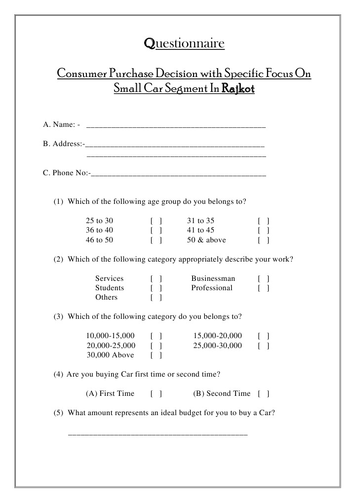 Questionnaire On Consumer Perception About Small Car | PDF | Car ...