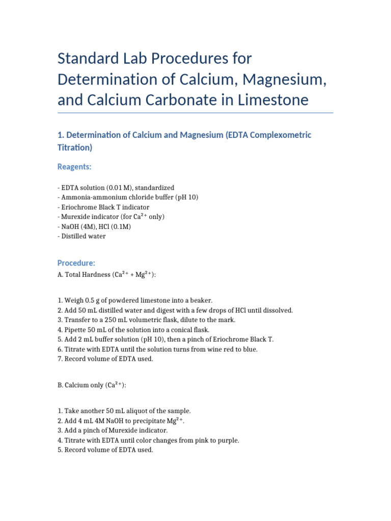 Calcium Magnesium CaCO3 Determination Limestone | PDF | Titration ...