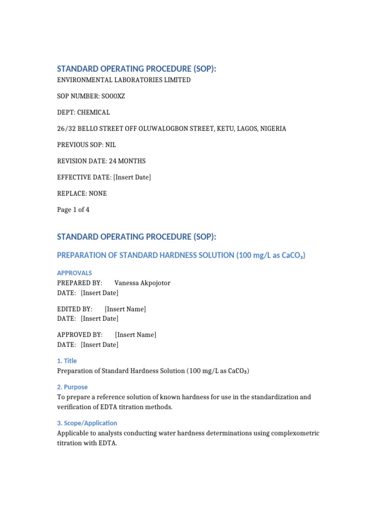 SOP_Standard_Hardness_Solution_CaCO3 | PDF | Magnesium | Titration