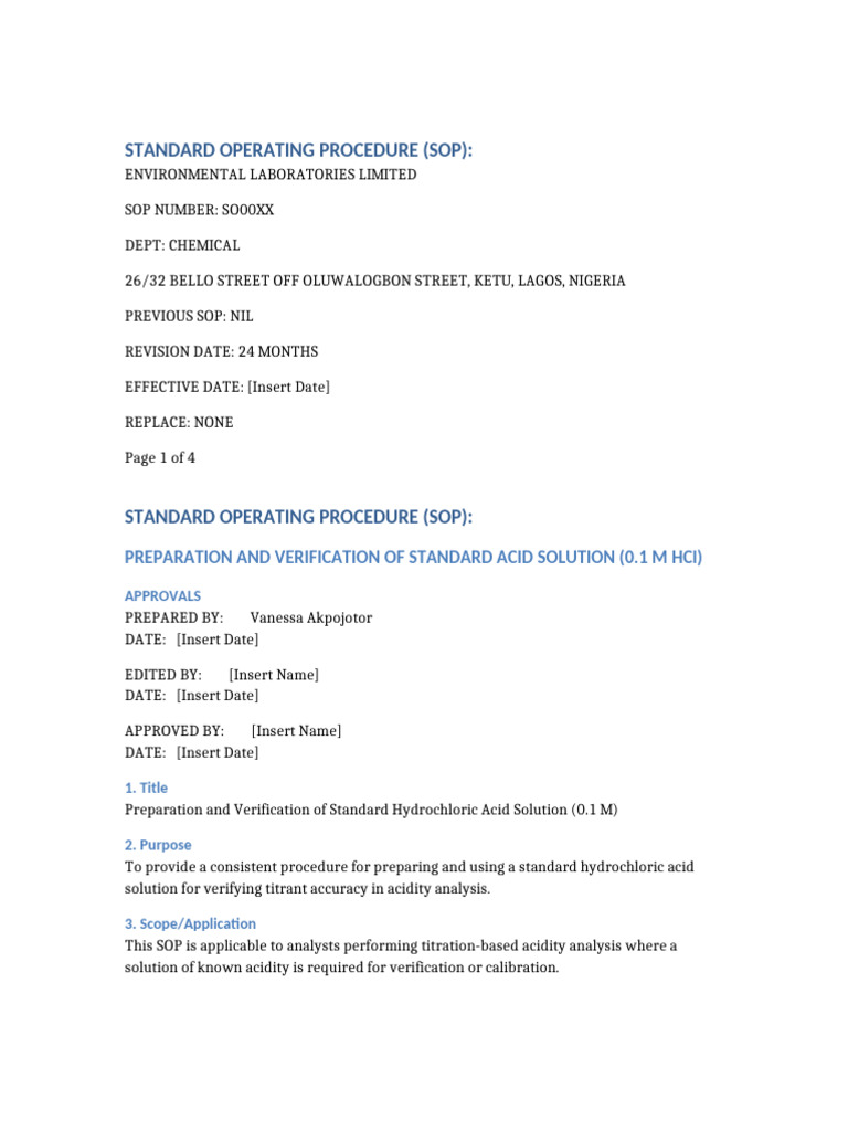 SOP Standard Acid Solution HCL | PDF | Titration | Chemistry