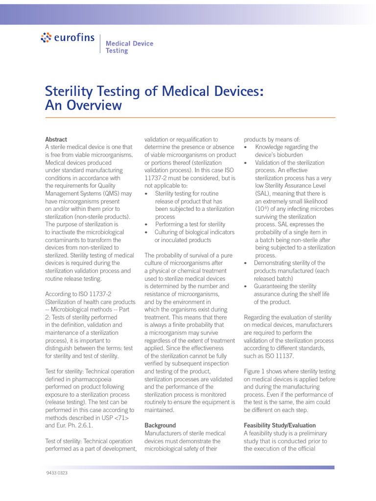 Medical Device Sterility Testing Overview | PDF | Sterilization ...