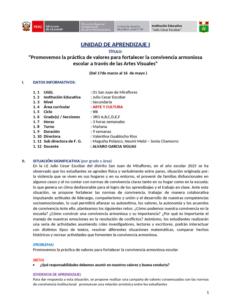 Unidad de Aprendizaje I 3° Grado Arte y Cultura | PDF | Evaluación ...