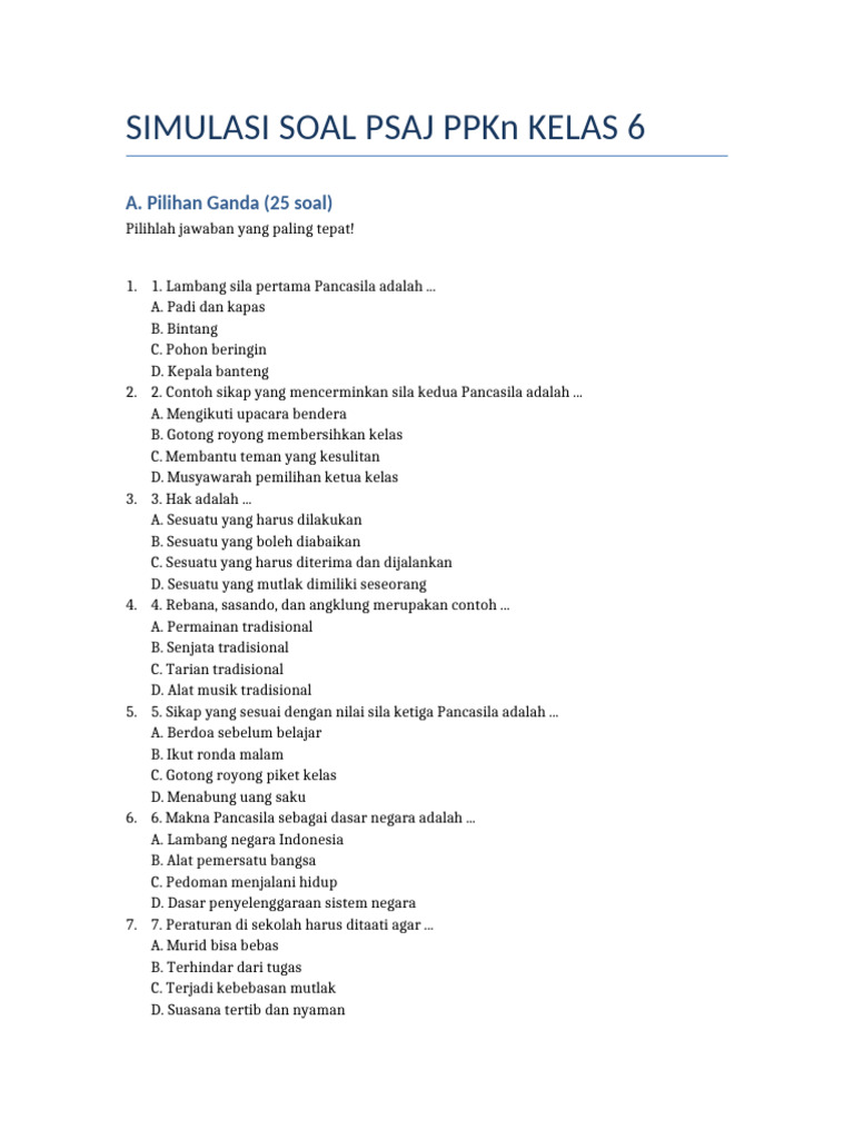 SIMULASI SOAL PSAJ PPKN KELAS6 PG | PDF