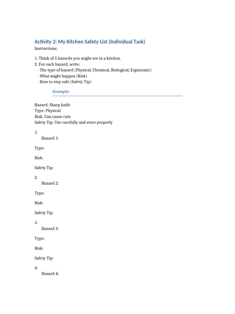 Kitchen Safety Hazards Checklist | PDF