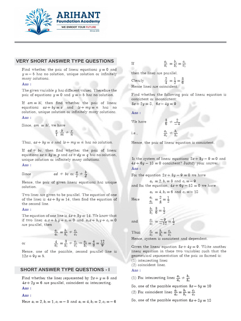Previous Year Question Linear | PDF | Equations | System Of Linear Equations