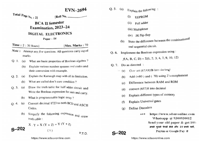 Bca 2 Sem Digital Electronics Evn 2694 2024 | PDF